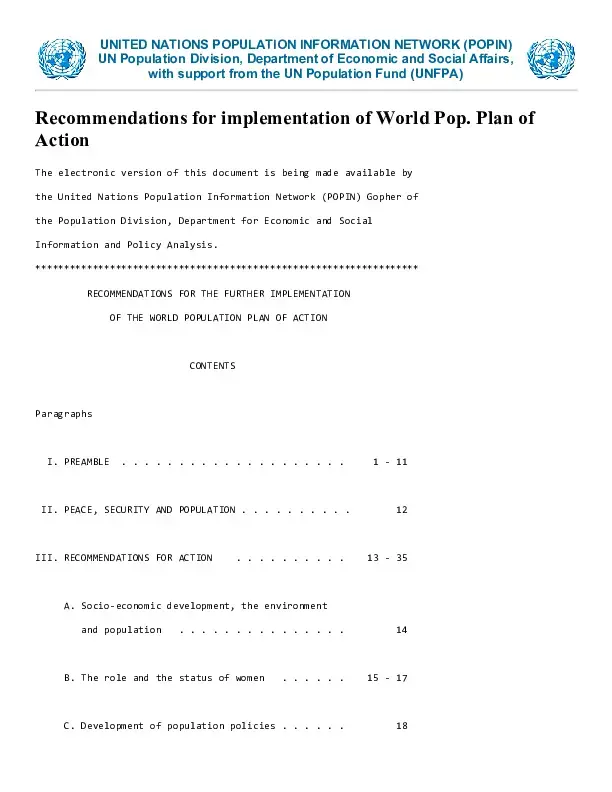 Recommendations for implementation of World Population Plan of Action ...