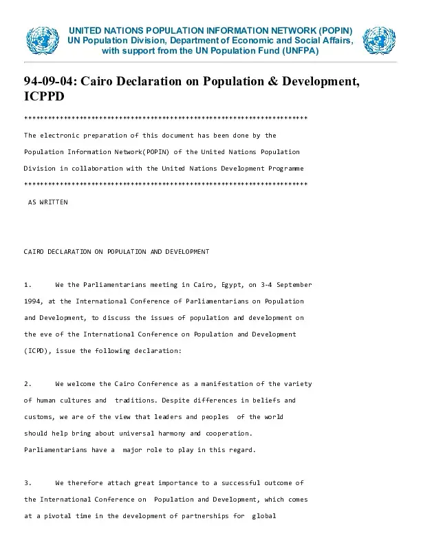 Cairo Declaration on Population & Development | UNFPA Administrative Agent