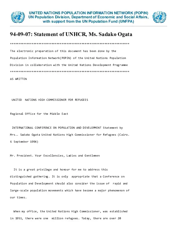 Statement of the United Nations High Commissioner for Refugees | UNFPA ...