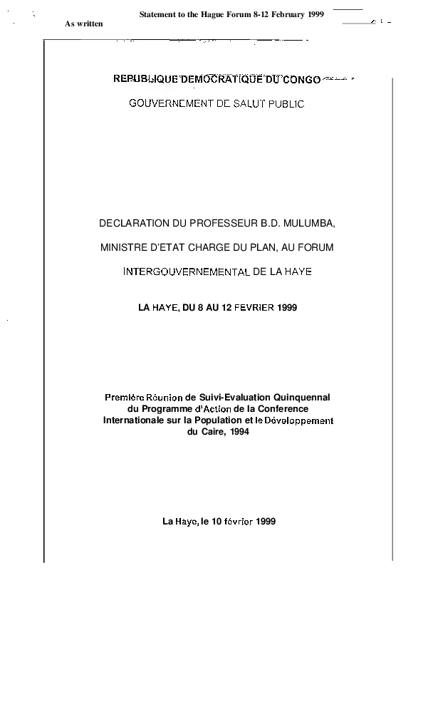 ICPD+5: Statement of the Congo | UNFPA Administrative Agent