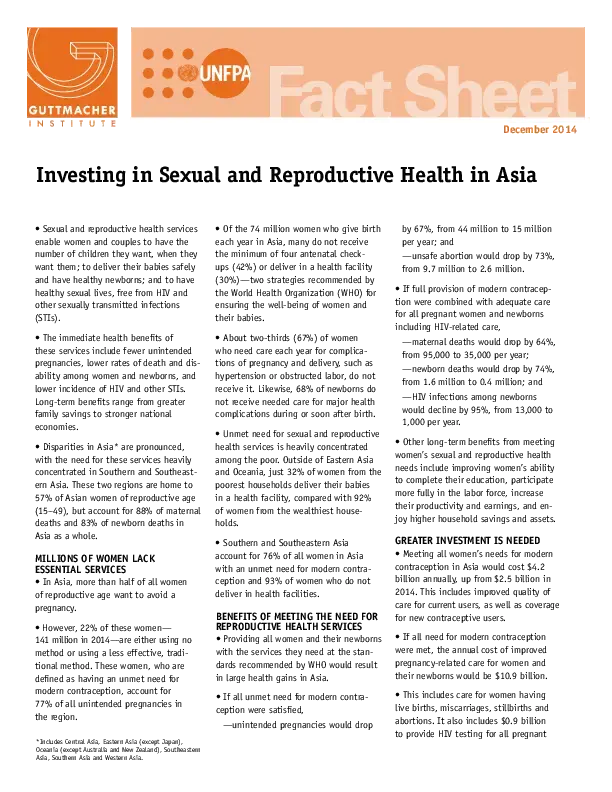 Adding It Up 2014: Asia Fact Sheet | UNFPA Administrative Agent