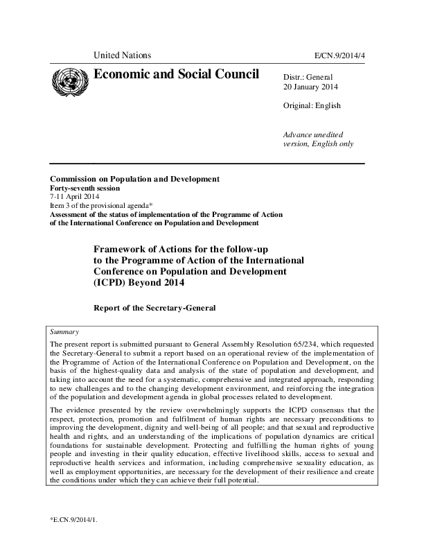 Summary of Framework of Actions for the follow-up to the Programme of ...