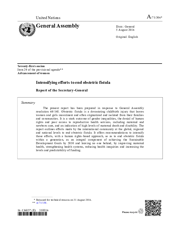 Intensifying efforts to end obstetric fistula: Report of the Secretary ...